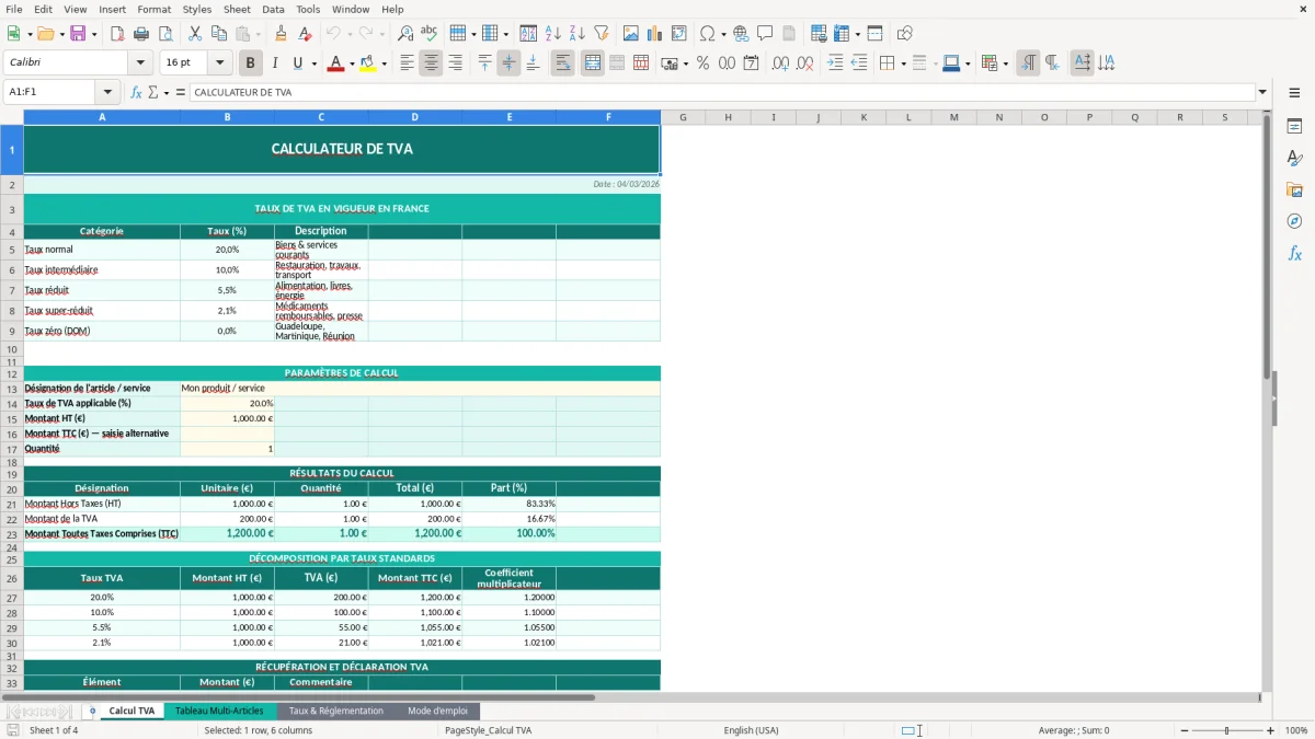 Calcul TVA Excel - Modèle Gratuit (2026)