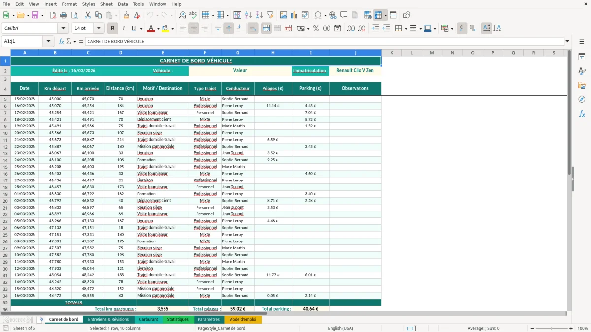 Carnet De Bord Véhicule Excel - Modèle Gratuit (2026)