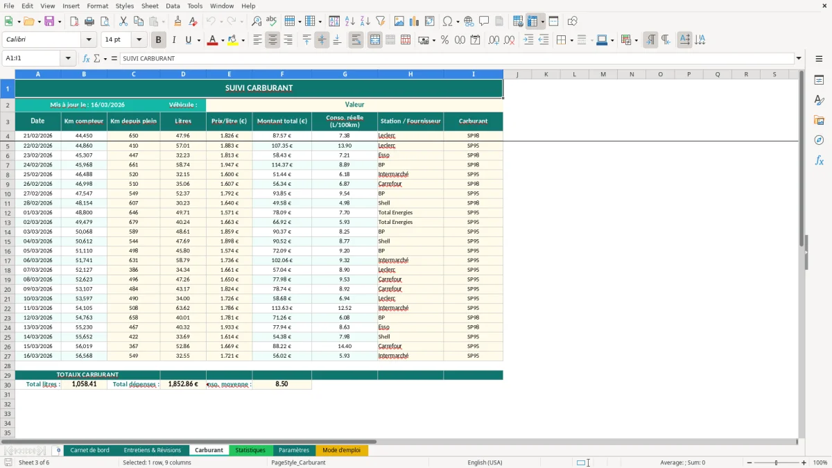Carnet De Bord Véhicule Excel - Modèle Gratuit (2026)